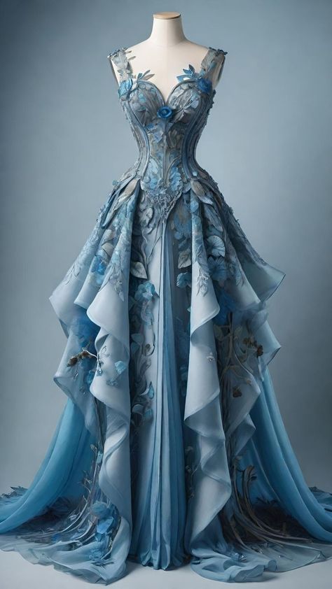 Vintage A Line Sweetheart Blue Chiffon Applique Ripple Long Prom Dress ...